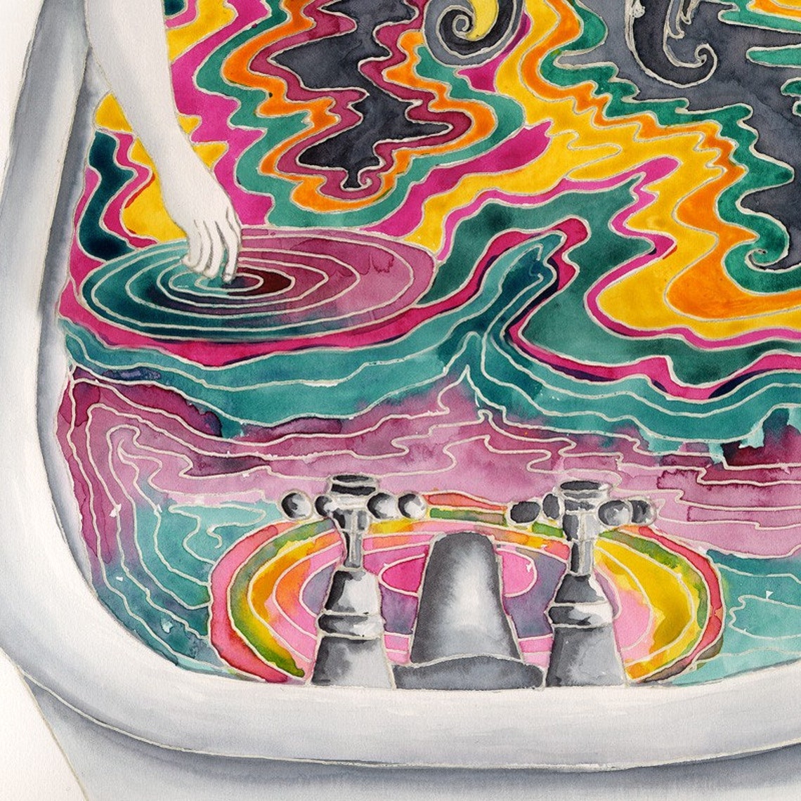 Sad Bath. Woman Taking Bath. Psychedelic. Bubbles. Illustration. Print ...