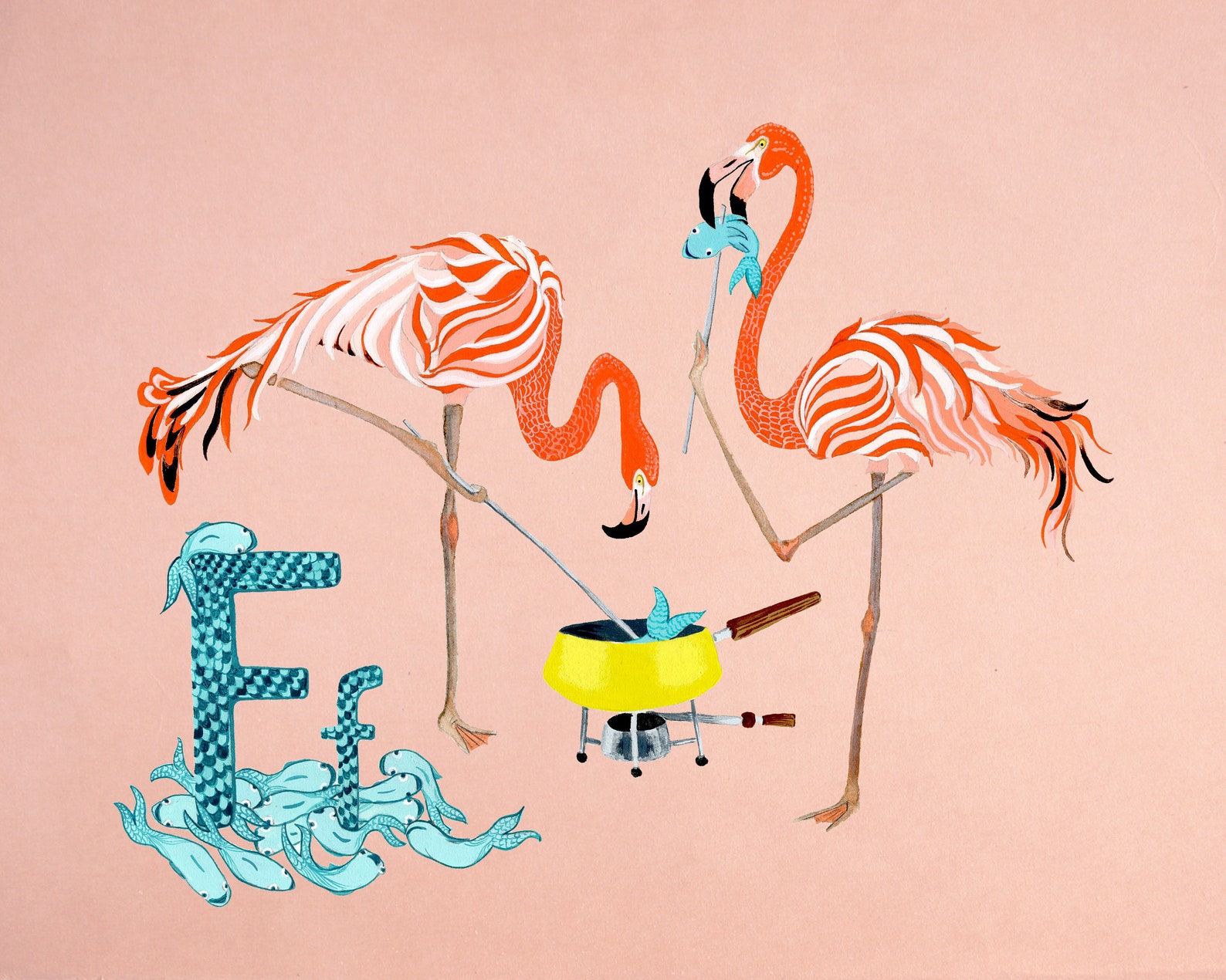 Flamingos Eating Fish Fondue. Children Alphabet Illustration. - Etsy