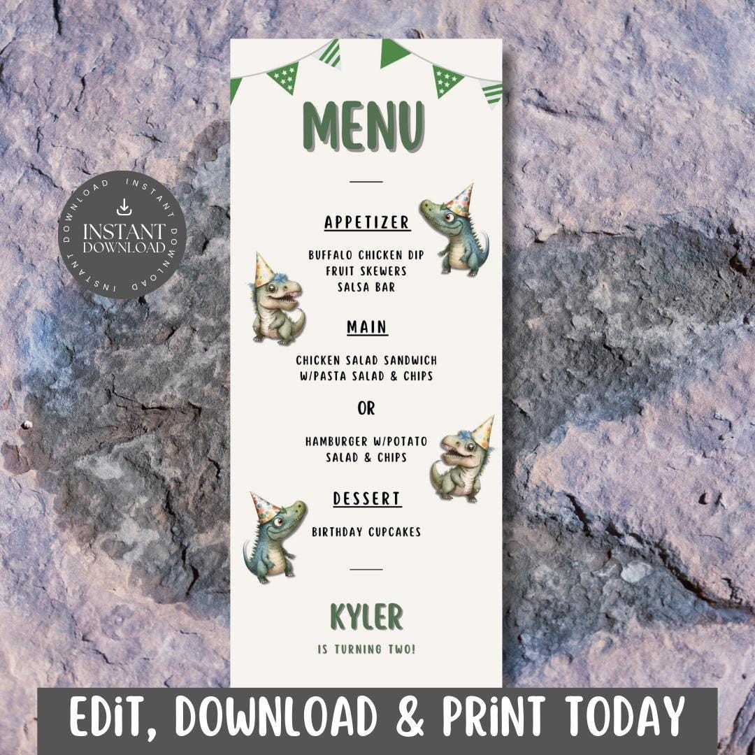 Two-rex Birthday Menu Card: Dinosaur Party, Edit in Canva (digital ...