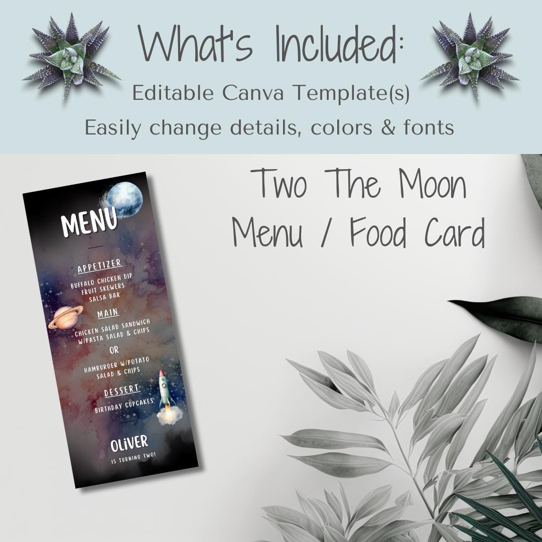 Two the Moon Menu Card / Food List for Outer Space Themed 2nd Birthday ...