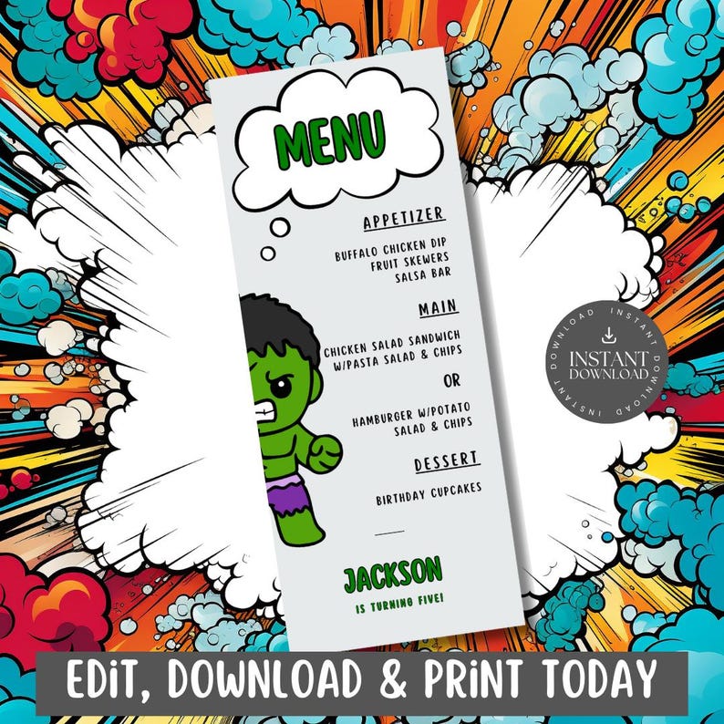 Smashing Good Time Kids Birthday Party Menu Card / Food, Meal List ...