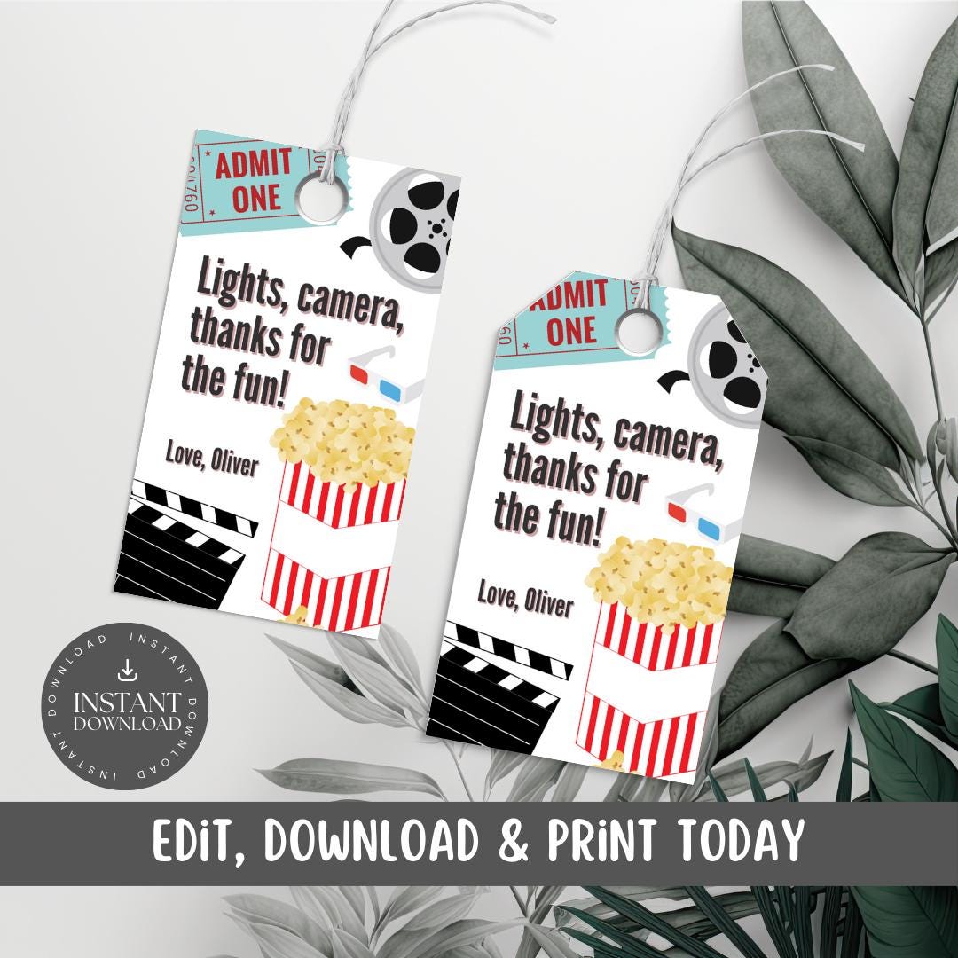 Movie Night Thank You / Party Favor Tag / Popcorn, Ticket, 3D Glasses ...