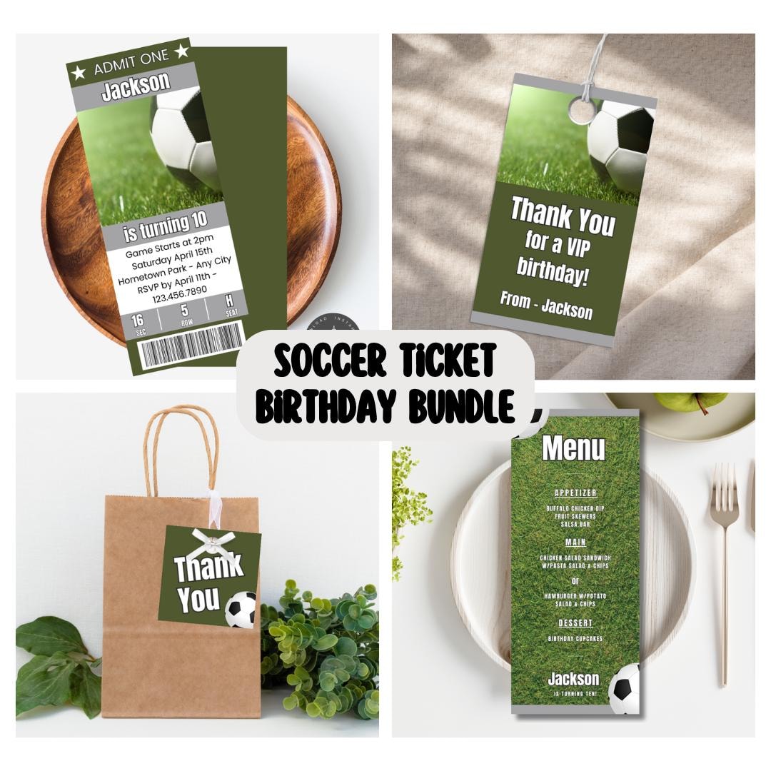 Soccer Ticket Kids Birthday Party Bundle - Invitation, Menu, Two Thank ...