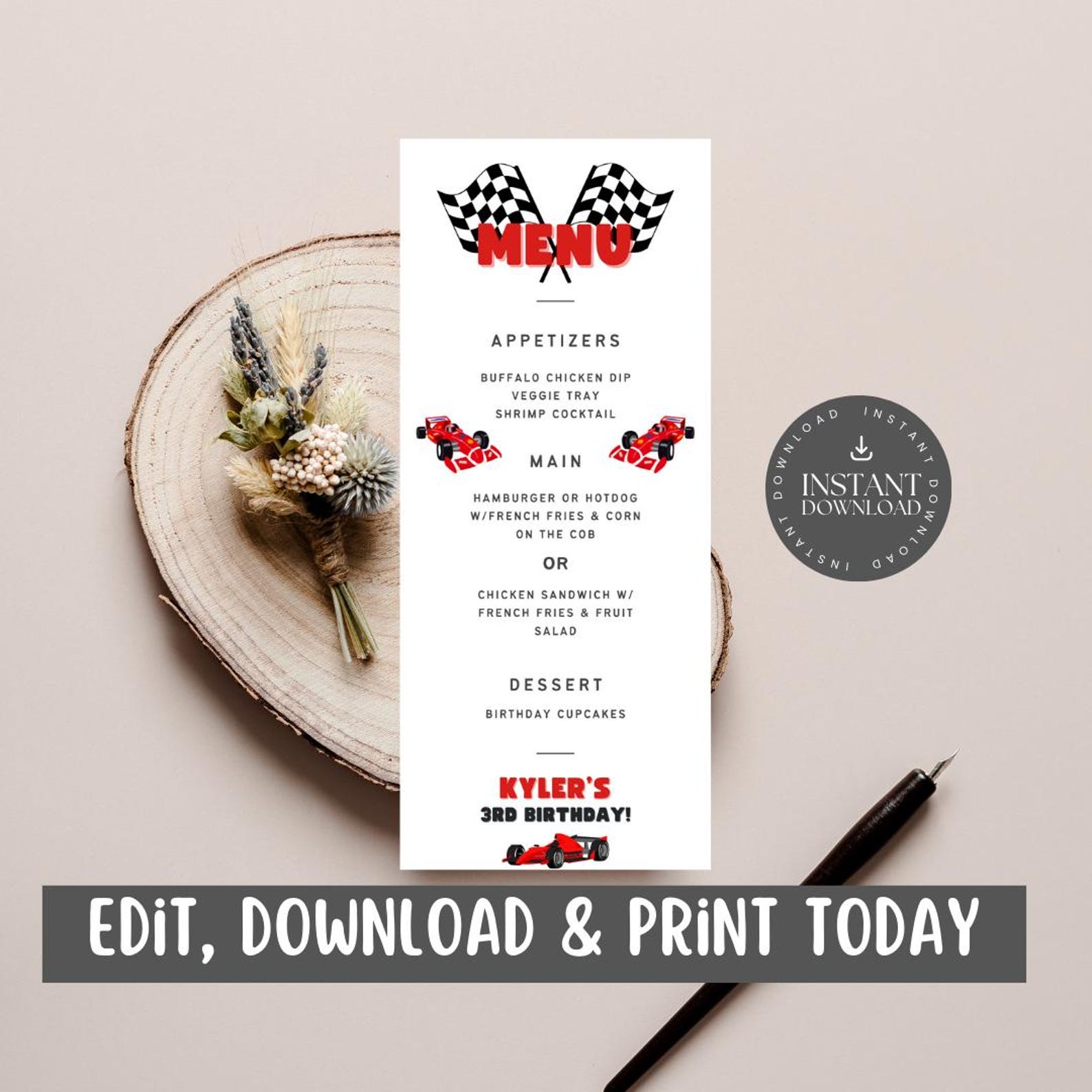 Race Car Theme Menu Card for Kids or Teens Birthday Party / Digital ...