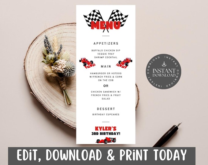 Race Car Theme Menu Card for Kids or Teens Birthday Party / Digital ...
