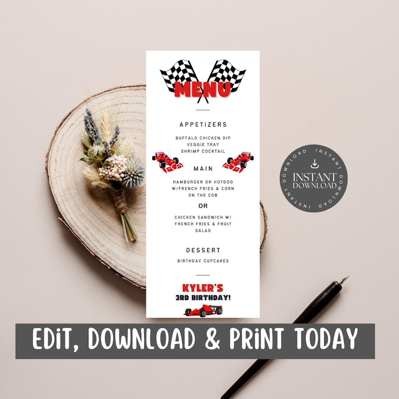 Race Car Theme Menu Card for Kids or Teens Birthday Party / Digital ...