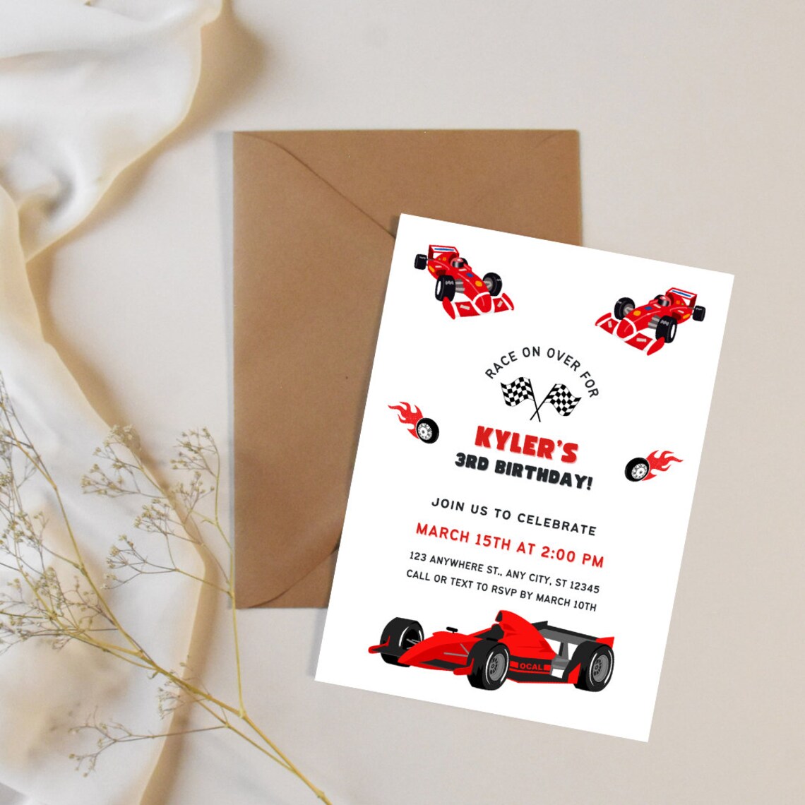 Red & White Race Car Kids Birthday Party Invitation, Fully Customizable ...