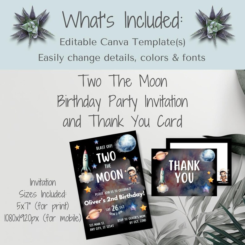 Two the Moon Outer Space Themed 2nd Birthday Party Invitation & Thank ...