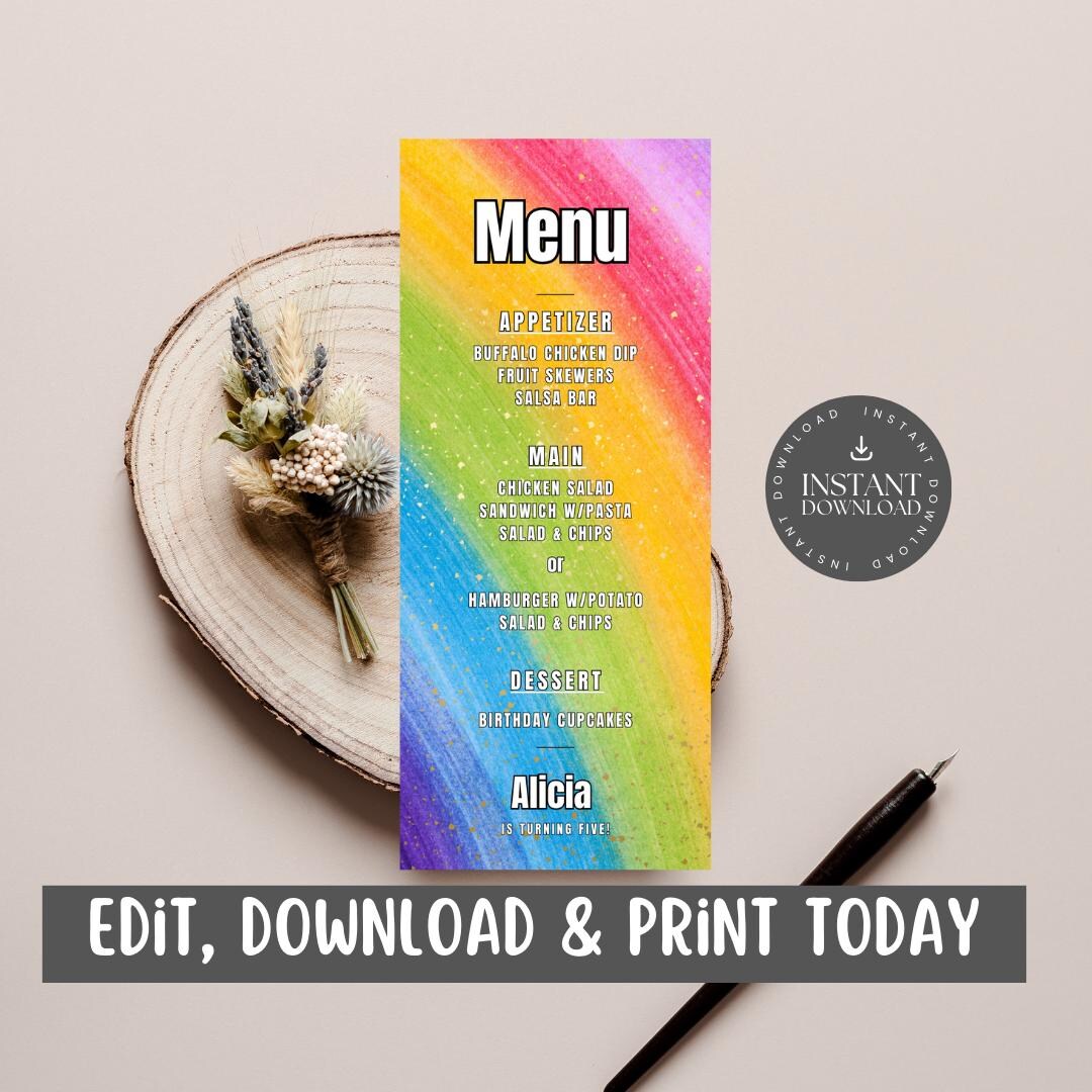 Glitter Rainbow Kids Birthday Party Menu Card for Girls, Teens ...