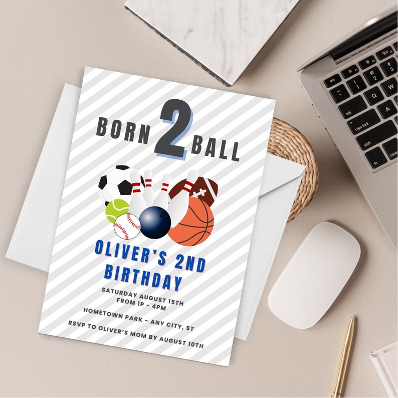 Born 2 Ball 2nd Birthday Party Invitation, Two Year Old, Turning 2 ...