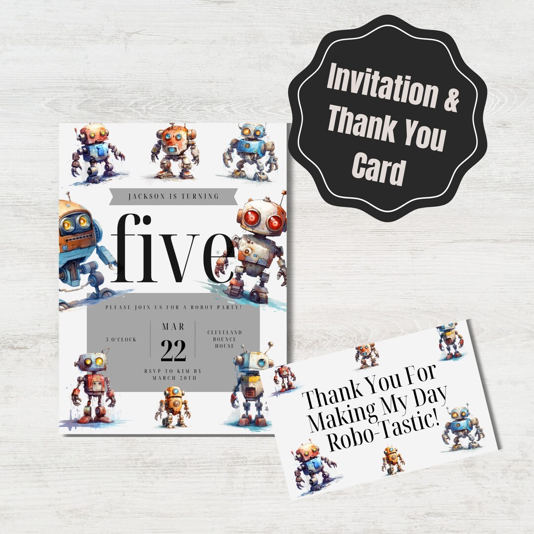 Robot Themed Kids Birthday Invitation and Thank You Card Set, Boys ...