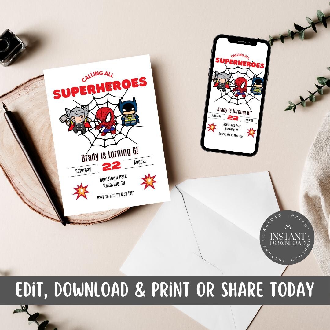 Calling All Superheroes Kids 6th Birthday Party Invitation ...