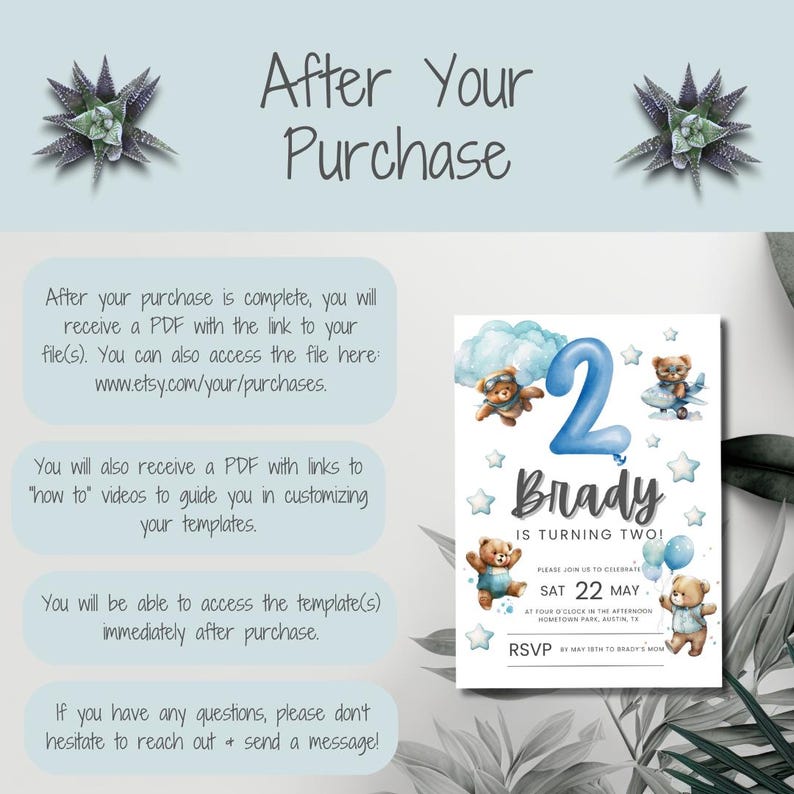 Teddy Bear 2nd Birthday Party Invitation, Blue & Gray Theme, Turning ...