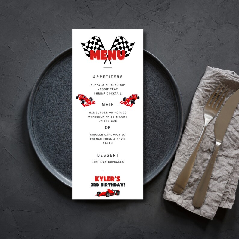 Race Car Theme Menu Card for Kids or Teens Birthday Party, Fully ...