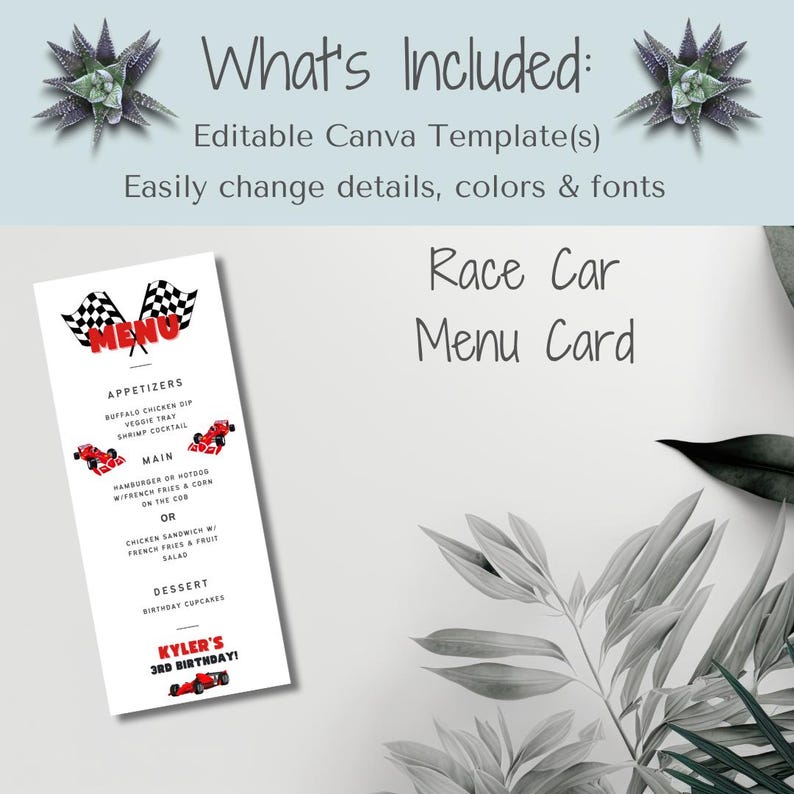 Race Car Theme Menu Card for Kids or Teens Birthday Party / Digital ...