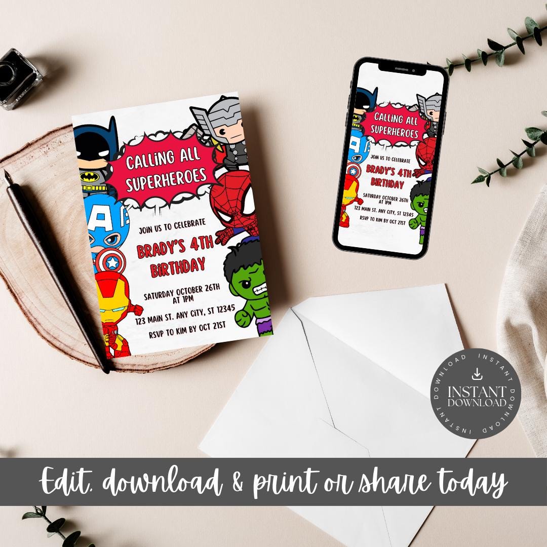 Superhero Border Kids 4th Birthday Party Invitation/calling All ...