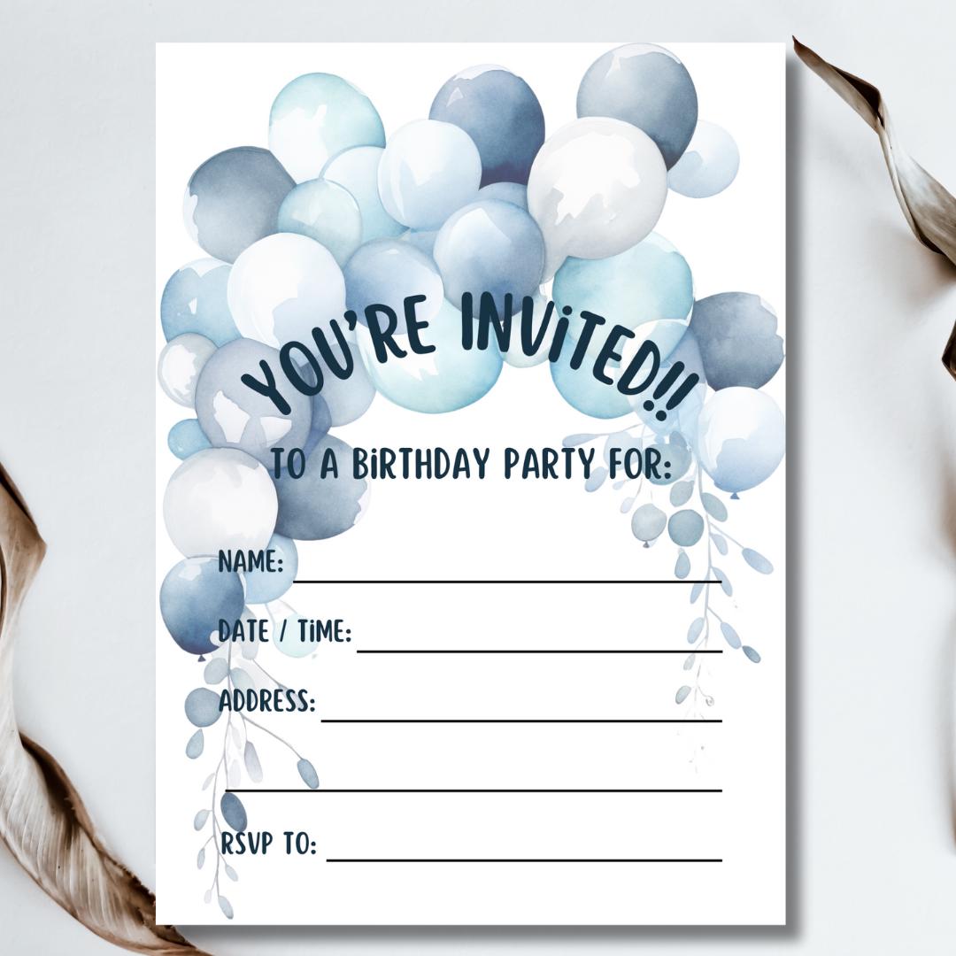 Printable Fill in Birthday Party Invitation W/blue Watercolor Balloons ...