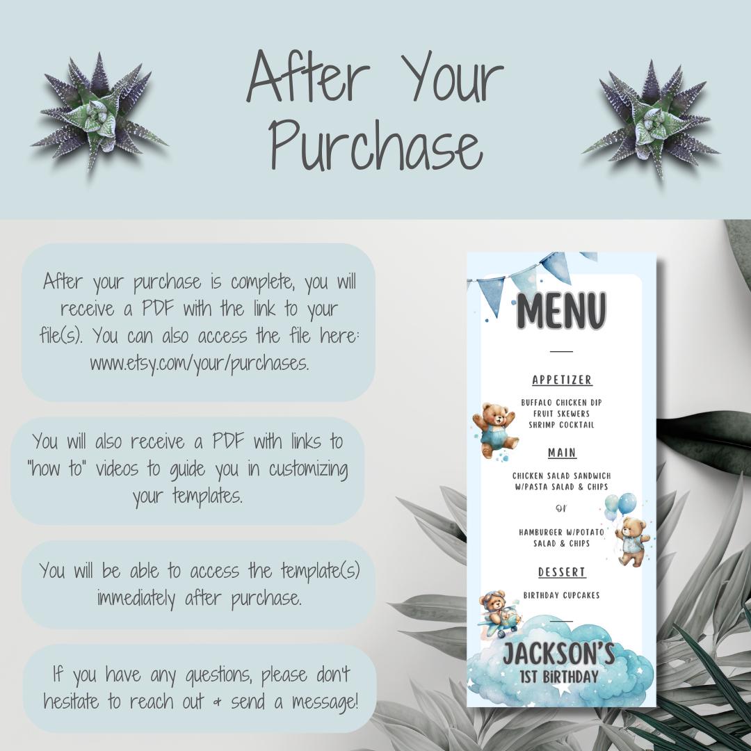 Teddy Bear Menu, Food / Meal List for Kids, Child, Boys, Girls Birthday ...