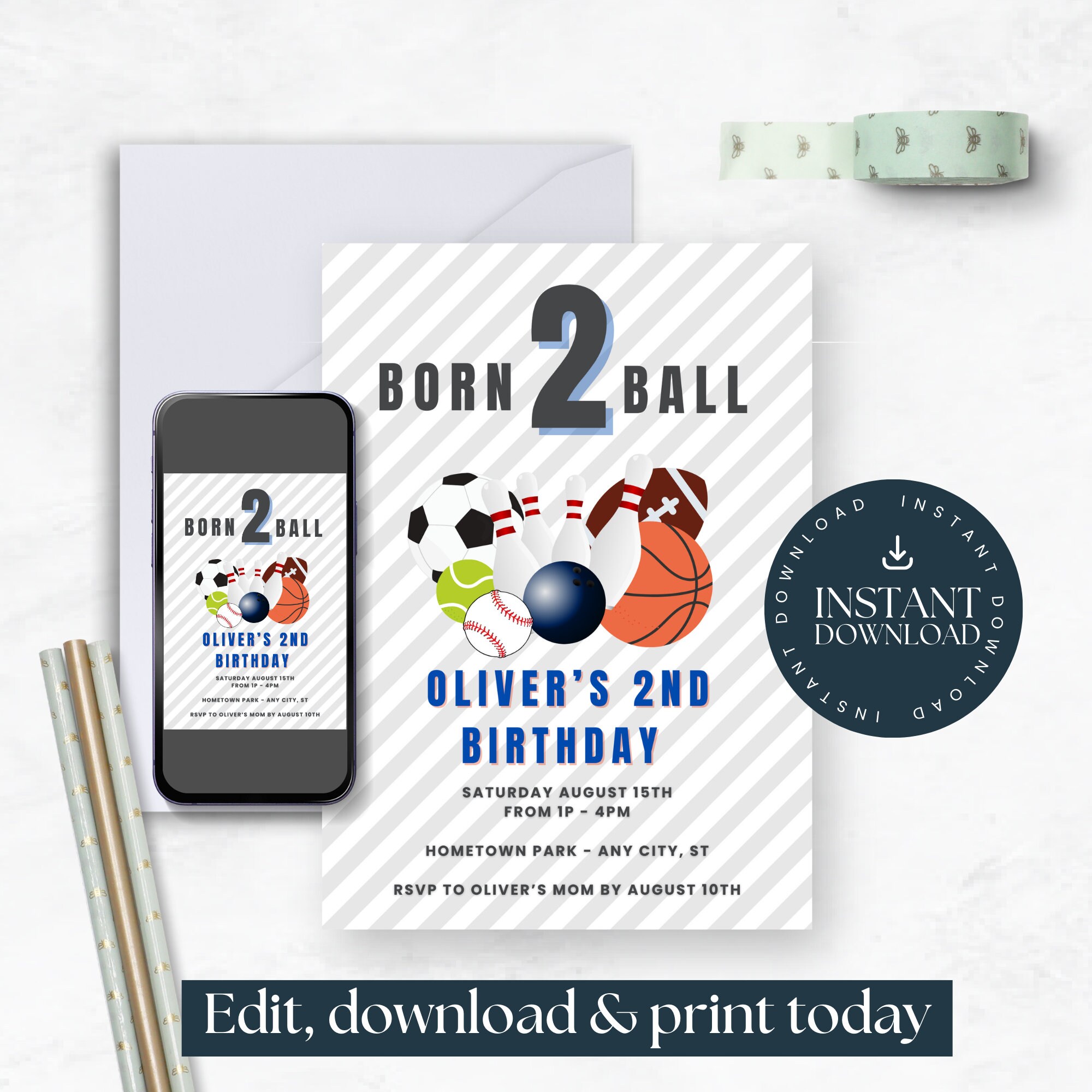 Born 2 Ball 2nd Birthday Party Invitation, Two Year Old, Turning 2 ...