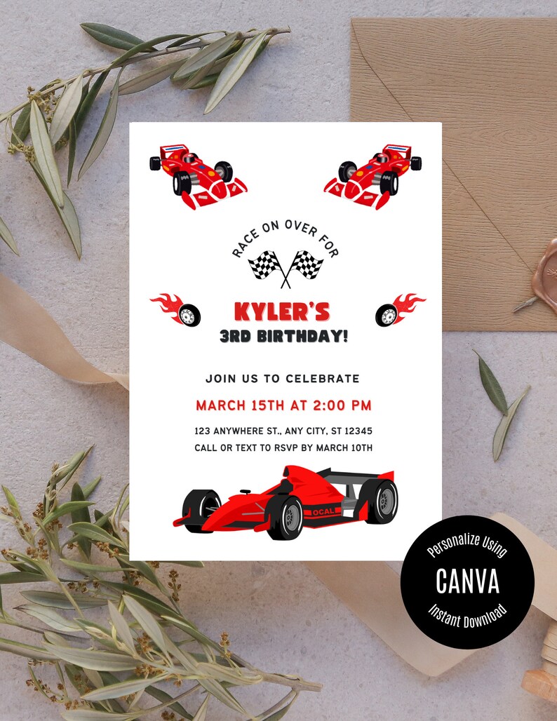 Red & White Race Car Kids Birthday Party Invitation, Fully Customizable ...