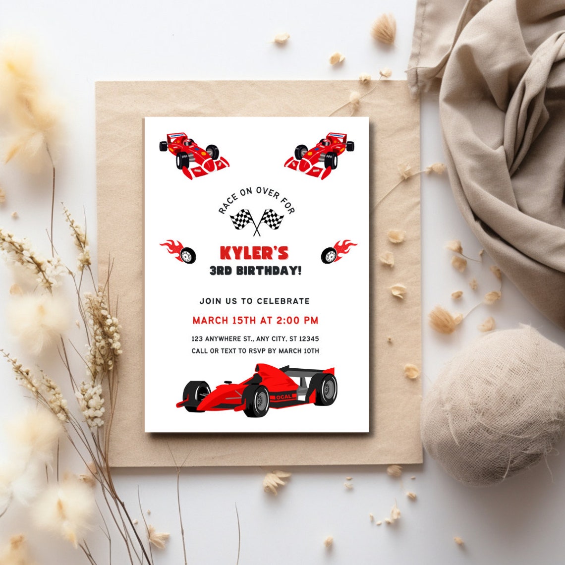 Red & White Race Car Kids Birthday Party Invitation, Fully Customizable ...