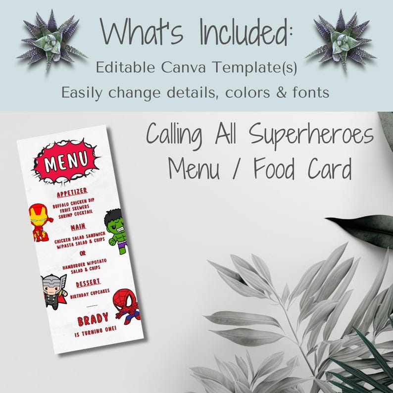 Menu Card W/superhero Border Kids Birthday Party / Calling All ...