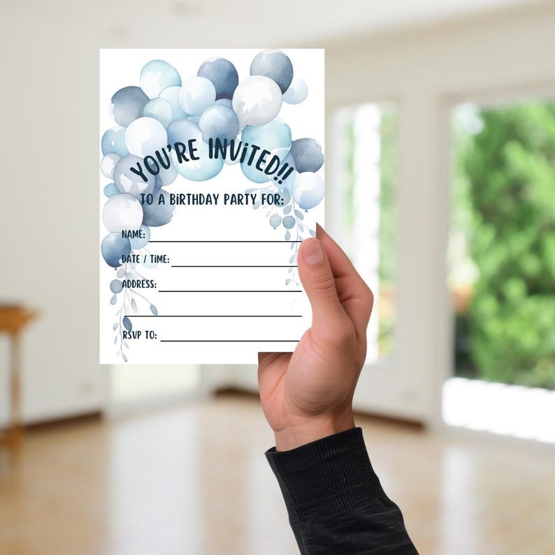 Printable Fill in Birthday Party Invitation W/blue Watercolor Balloons ...