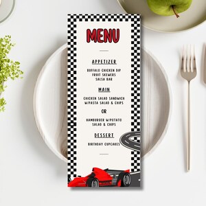First Lap Around the Track - 1st Birthday Party Menu Card / Red Car ...