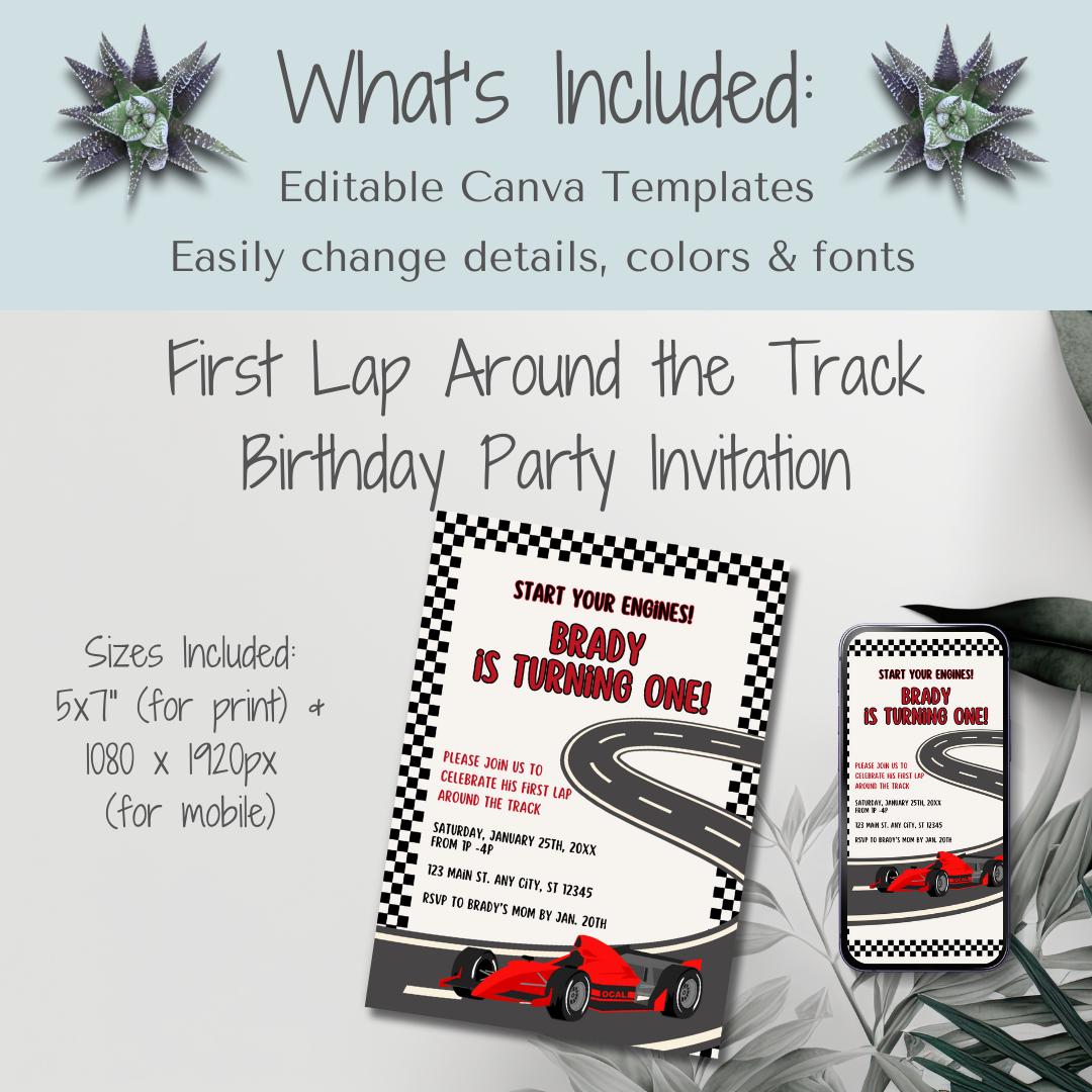 First Lap Around the Track - 1st Birthday Party Invitation W/shareable ...