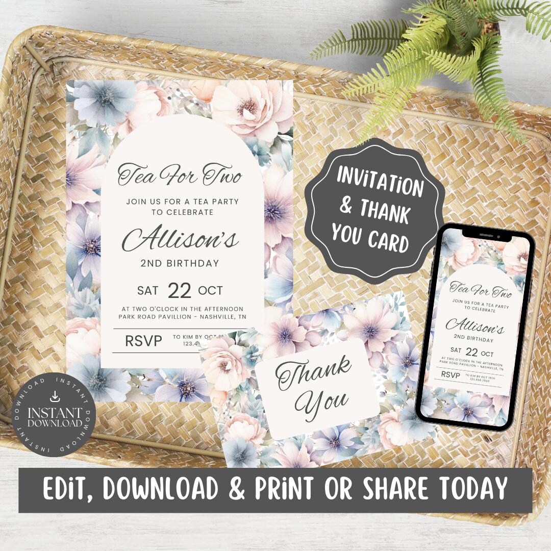 Tea for Two Second Birthday Party Invitation & Thank You Card Set ...