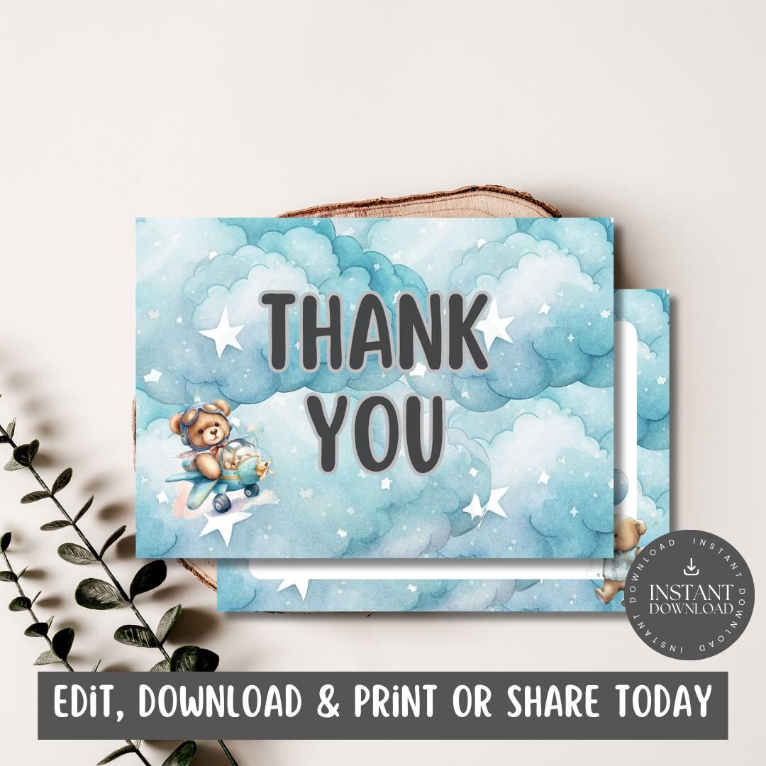 Teddy Bear Thank You Card / Note for Kids, Child, Boys, Girls Birthday ...