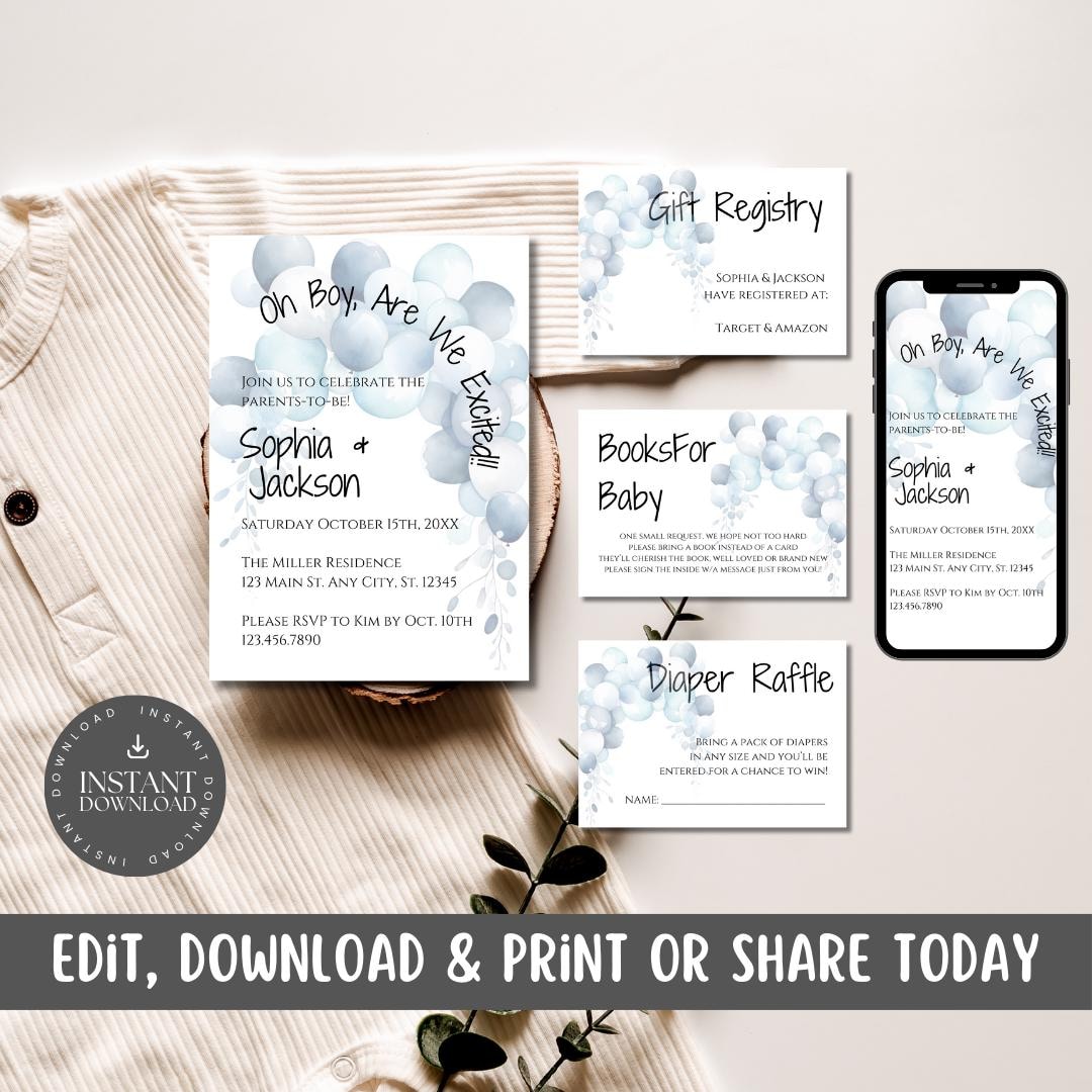 Blue Balloons Baby Shower Bundle - Invitation, Digital Evite, 3 Insert ...