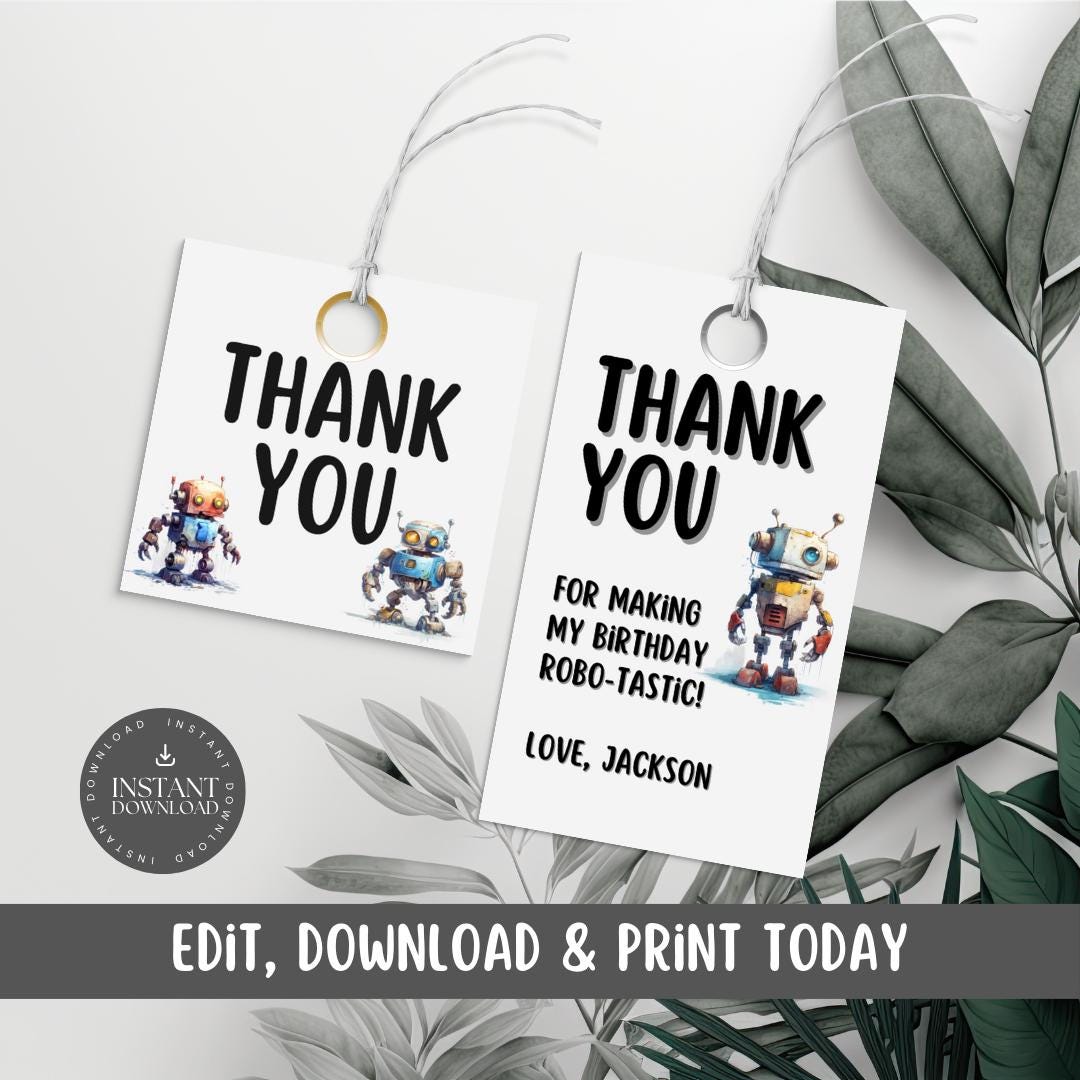 Robot Theme Thank You / Party Favor Tag for Kids, Teens, Boys Birthday ...