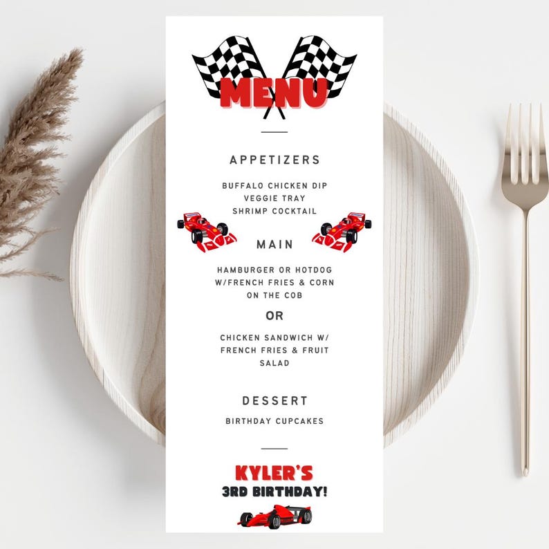 Race Car Theme Menu Card for Kids or Teens Birthday Party / Digital ...