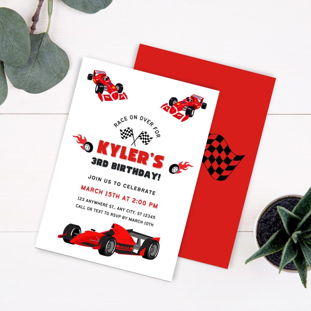 Red & White Race Car Kids Birthday Party Invitation / Boys, Girls, Fast ...
