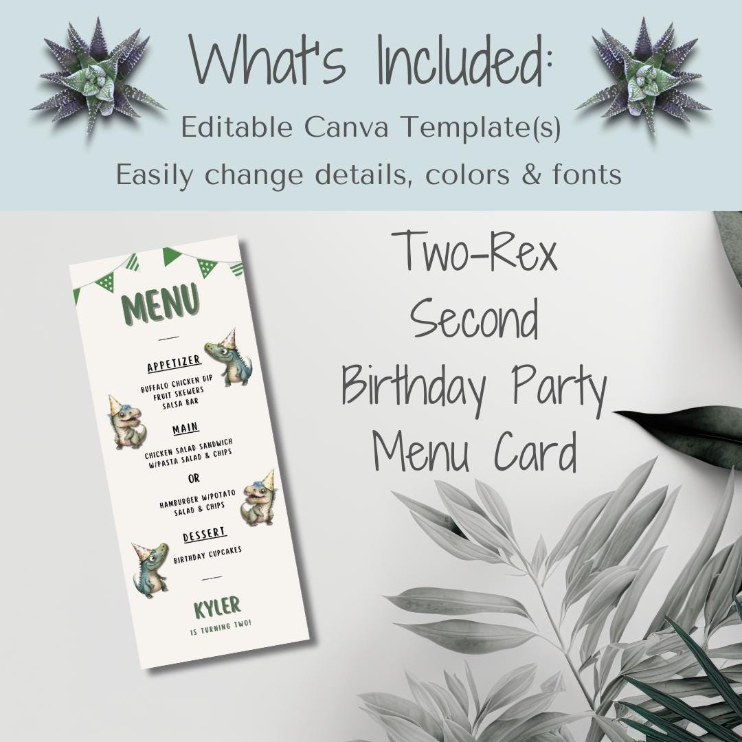 Two-rex Birthday Menu Card: Dinosaur Party, Edit in Canva (digital ...