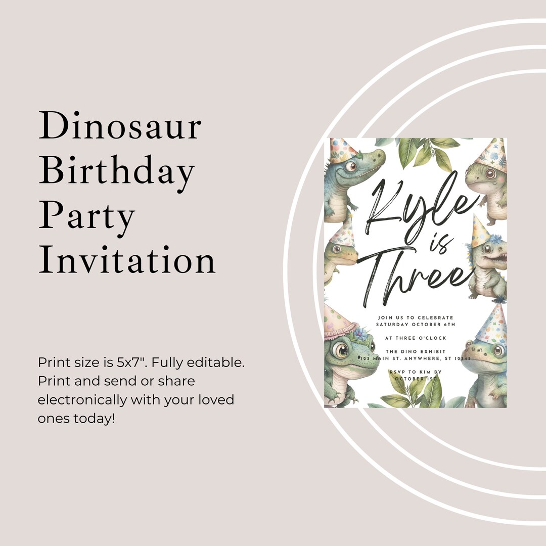 Dinosaur Kids Birthday Party Invitation Template editable, Printable ...
