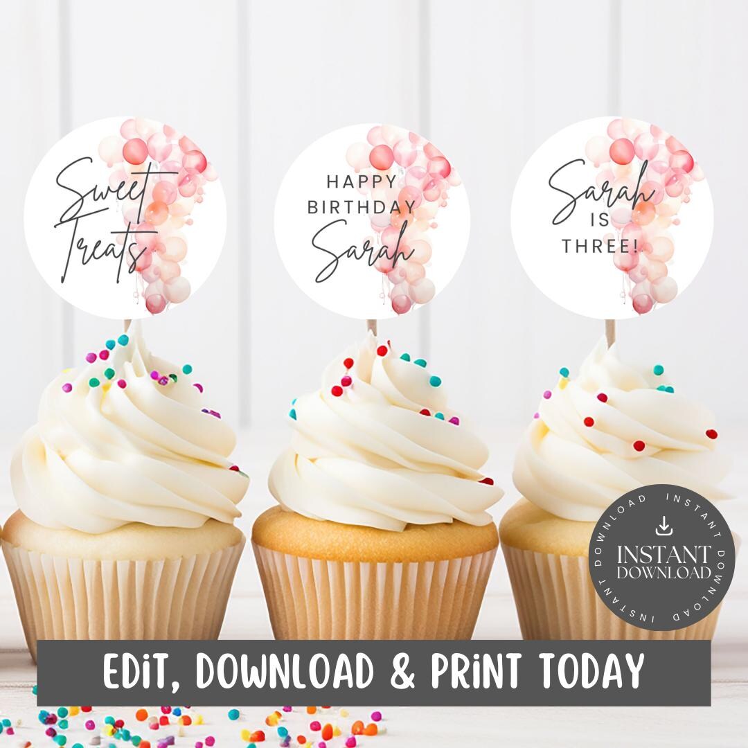 Pink Watercolor Balloons Cupcake Toppers, 3 Designs Included for Kids ...