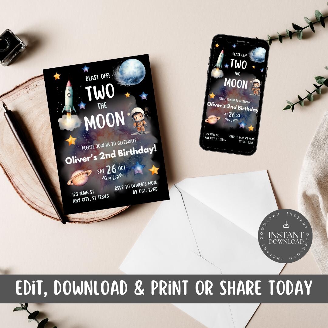 Two the Moon Outer Space Themed 2nd Birthday Party Invitation /print ...