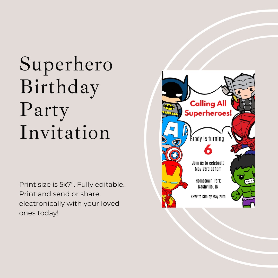 Superhero Border Kids 6th Birthday Party Invitation / Fully ...
