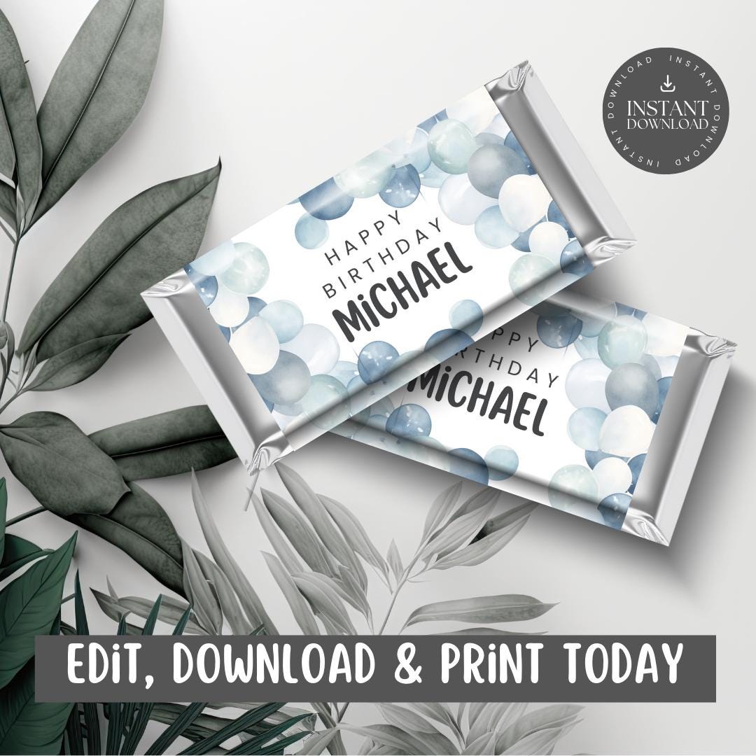 Blue Watercolor Balloons Chocolate/candy Bar Wrapper/label for Kids ...