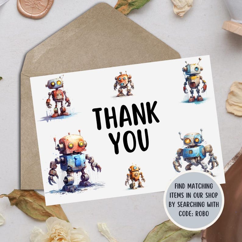 Robot Themed Thank You Card for Kids, Boys, Teens Birthday Party ...