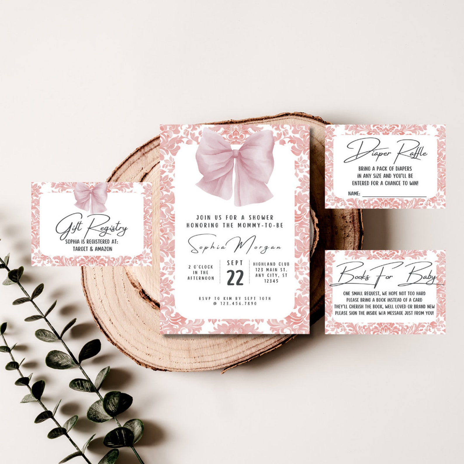 Pink Bow, Toile Baby Shower Set W/invitation, Diaper Raffle, Books for ...