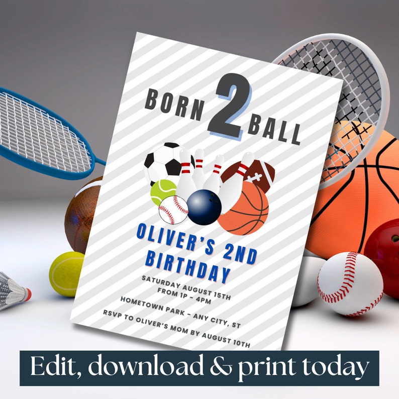 Born 2 Ball 2nd Birthday Party Invitation, Two Year Old, Turning 2 ...