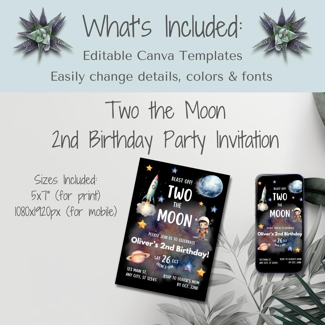 Two the Moon Outer Space Themed 2nd Birthday Party Invitation /print ...