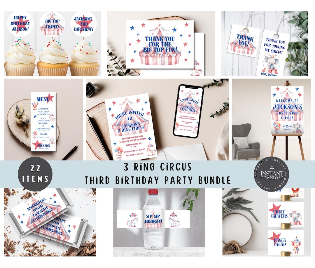 3 Ring Circus, Third Birthday Party Invitation for Kids, Turning Three ...