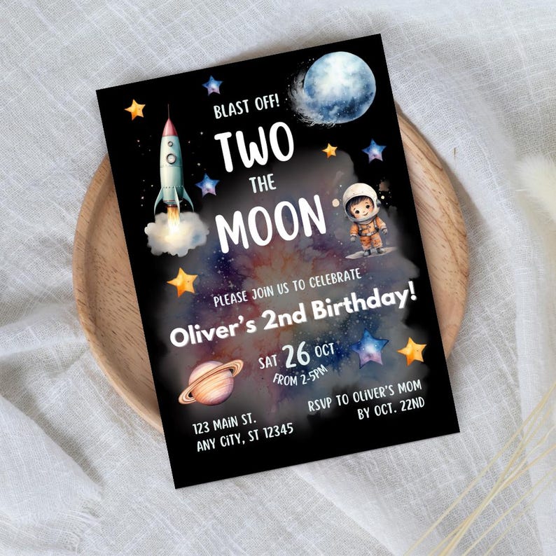 Two the Moon Outer Space Themed 2nd Birthday Party Invitation & Thank ...