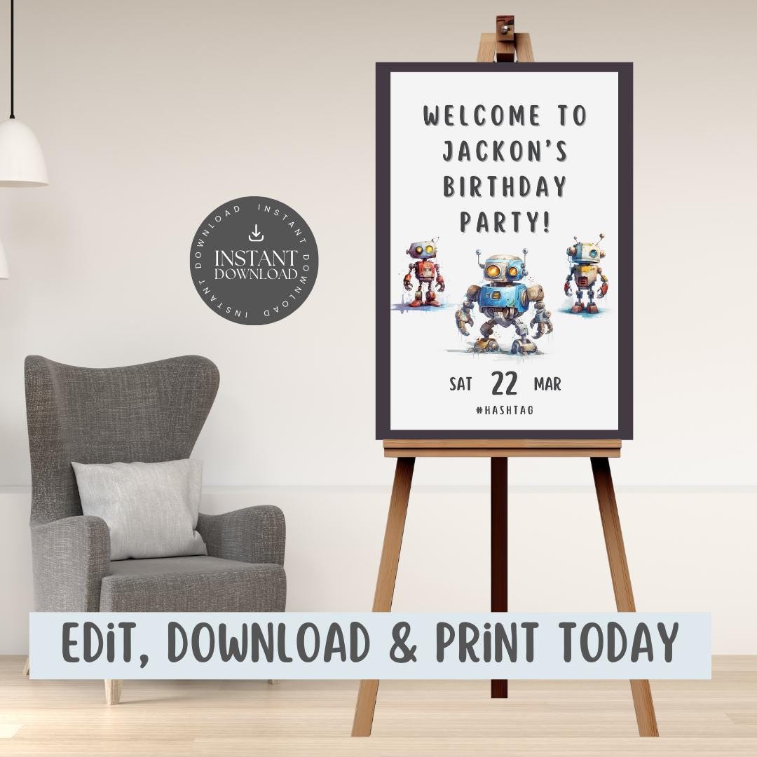 Robot Kids Birthday Welcome Sign, Guest Entrance, Boys, Girls, Teens ...