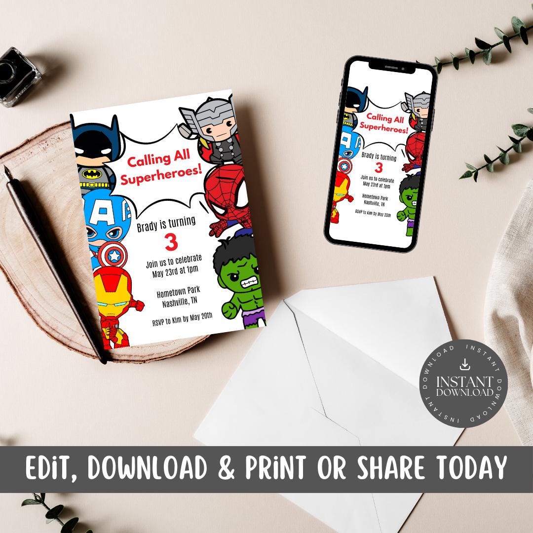 Superhero Border Kids 3rd Birthday Party Invitation / Fully ...