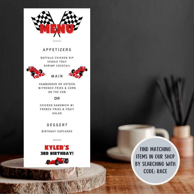 Race Car Theme Menu Card for Kids or Teens Birthday Party / Digital ...